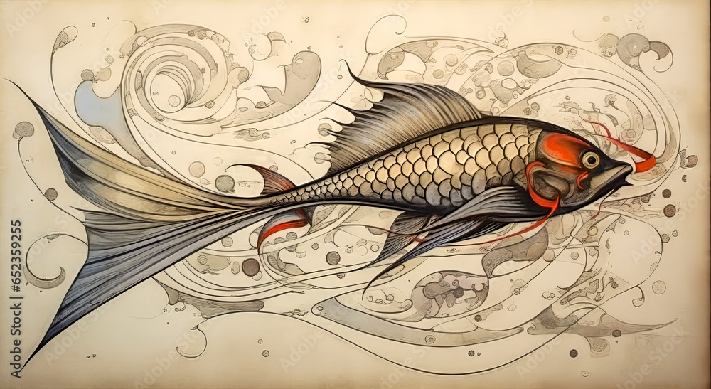 Generated image. Calligraphy Fish Illustration. Generative AI. A ...