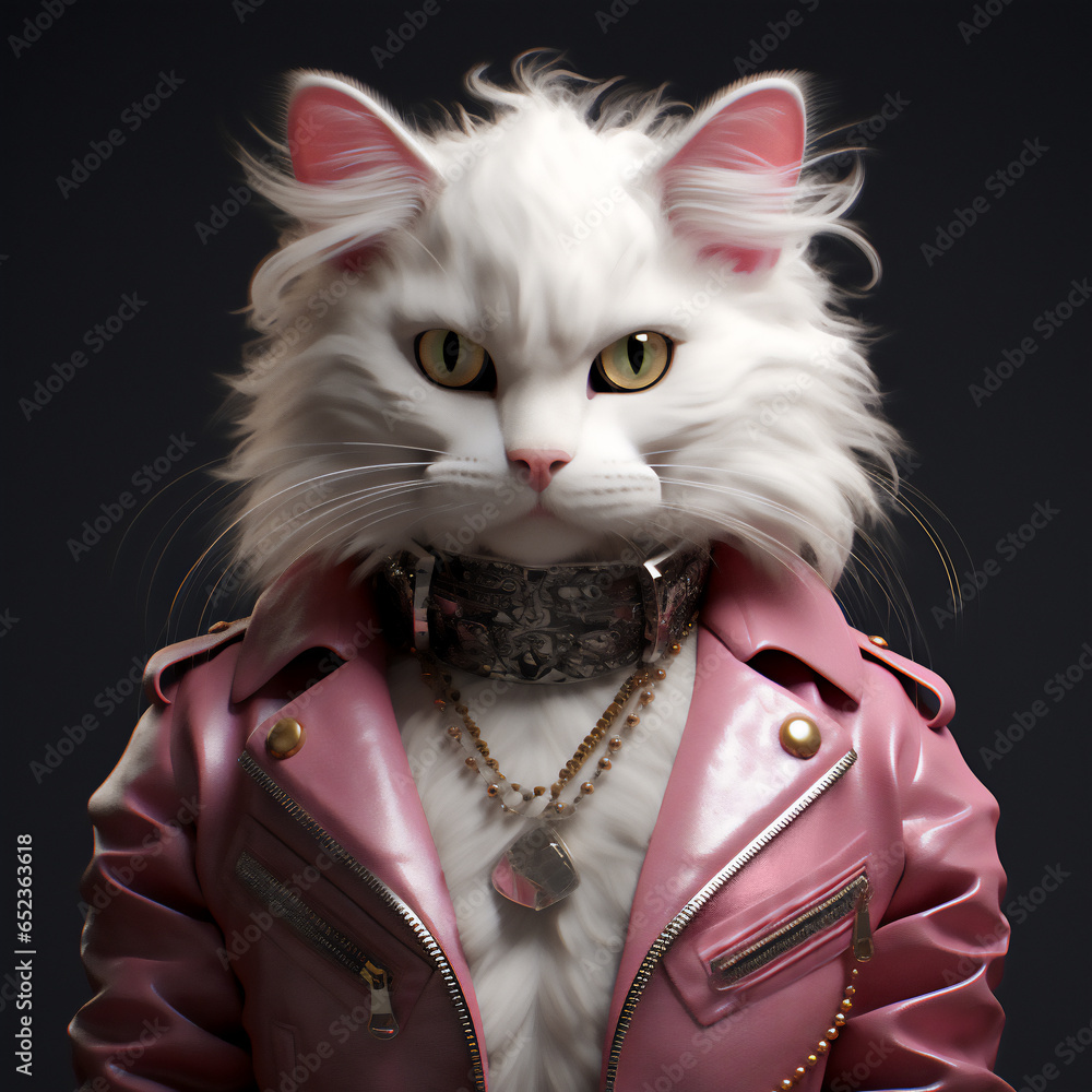 Cat as a punk rock heavy metal wearing pink leather jacket and cool ...