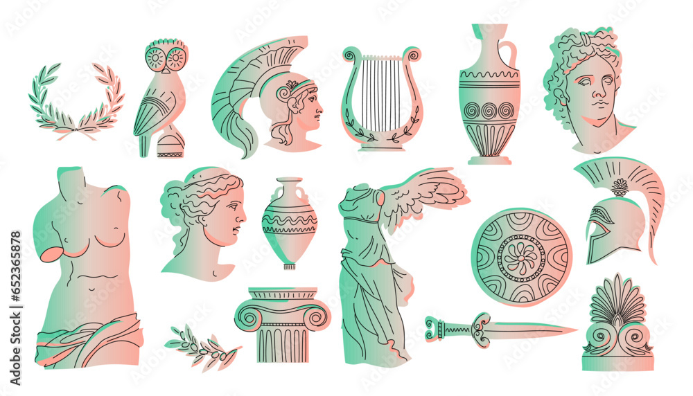 Greek elements isolated. Ancient sculptures, vases, architectural ...