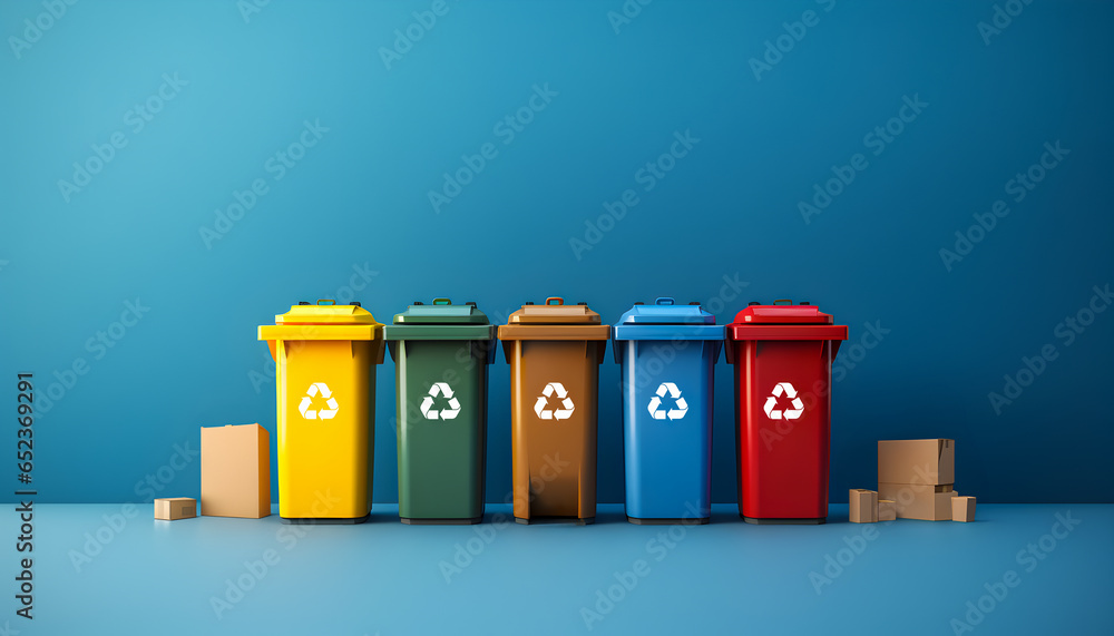 Colorful garbage bins for separate waste collection in a row, cardboard ...