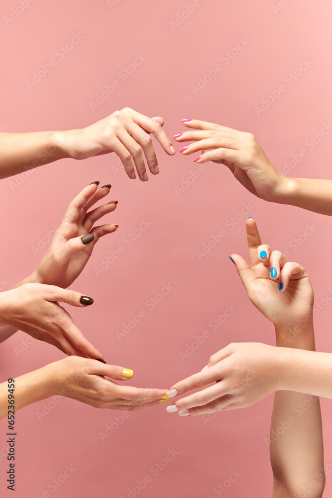 Beauty salon. Beautiful female hands with different manicure, nail ...