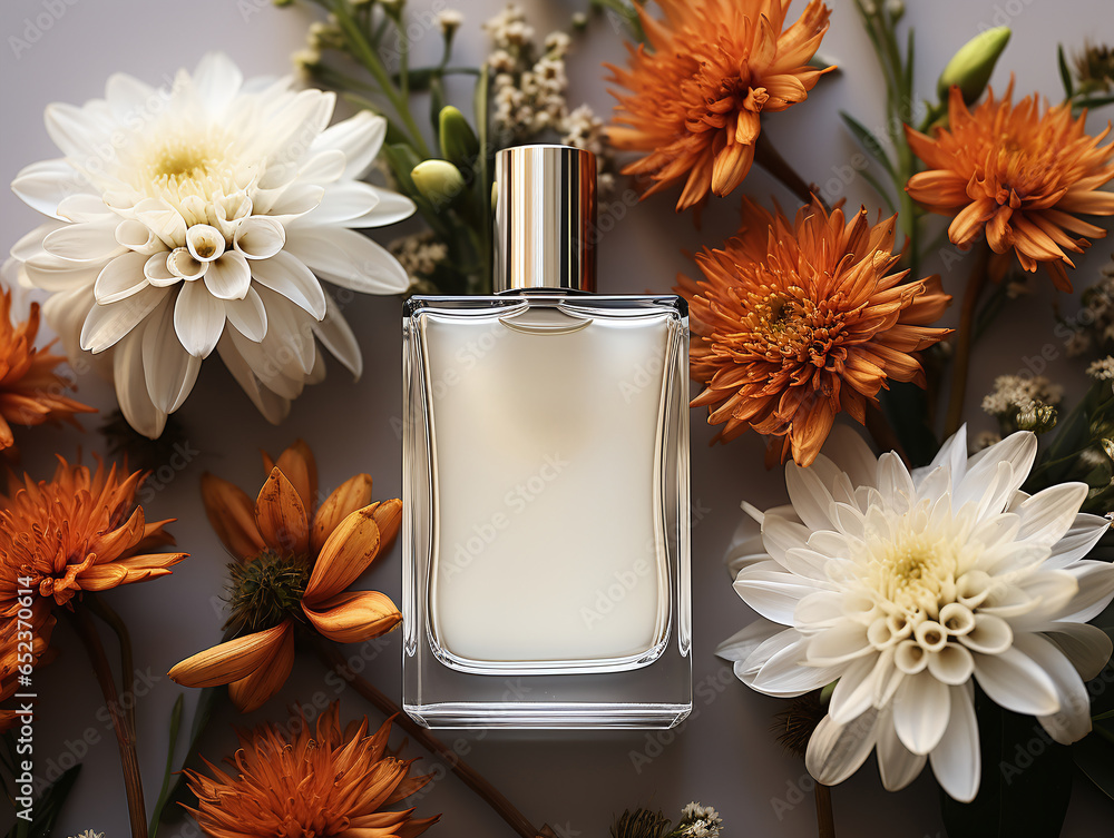 Transparent bottle of perfume with no label on nature background ...