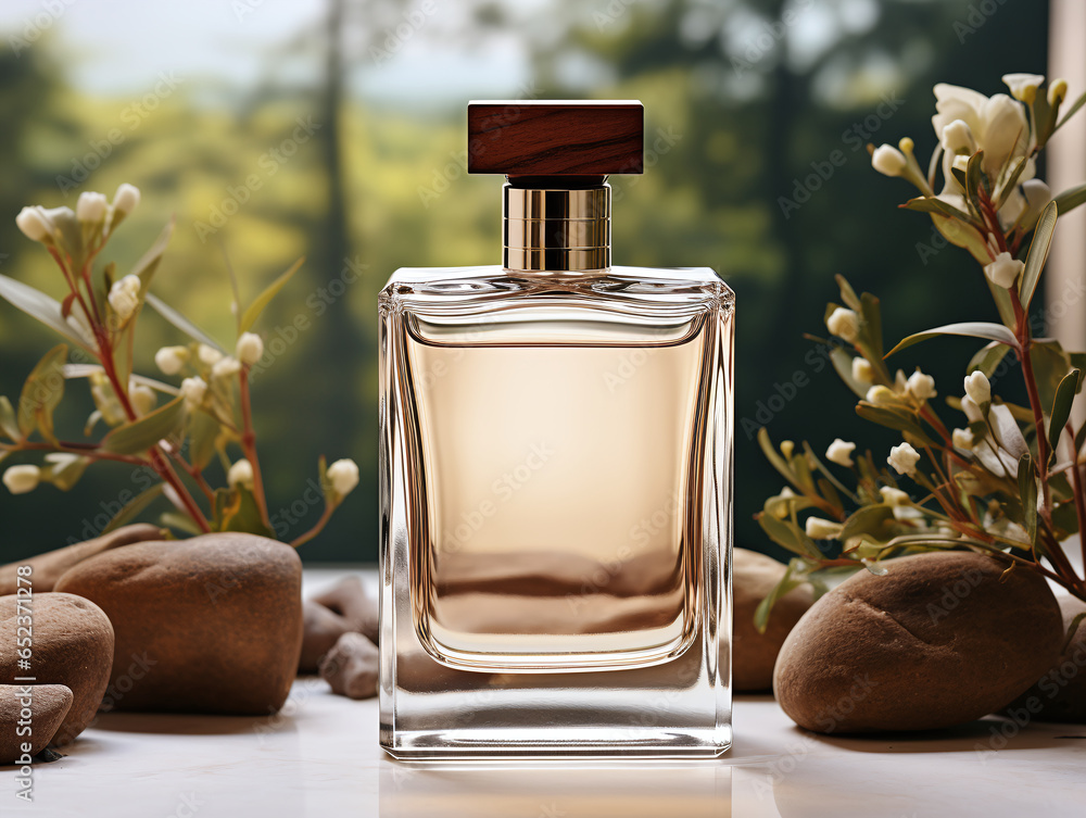 Transparent bottle of perfume with no label on nature background ...