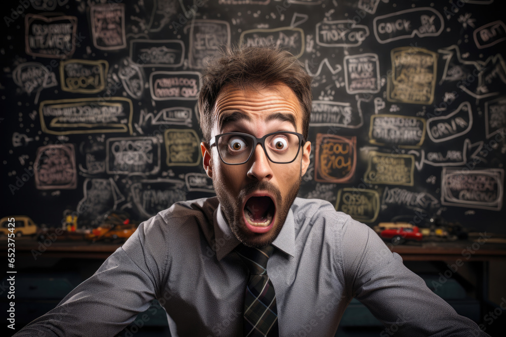 Male teacher screams in shock in a school classroom against the ...