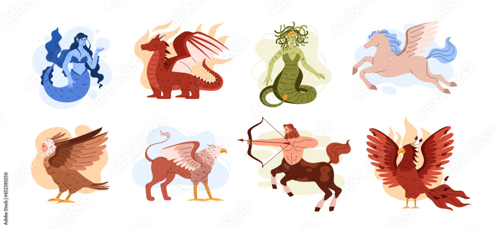 Mythical creatures set, cartoon flat vector illustration isolated on ...