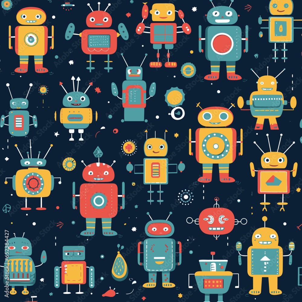 Cartoon robot characters pattern, background, hand-drawn cartoon flat ...