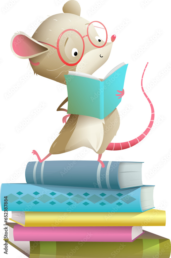 Cute baby mouse wearing glasses reading on a book stack. Pile of books ...