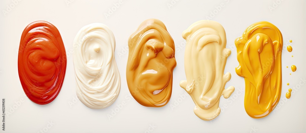 Selection of individual sauces BBQ thousand island cheese salsa sweet ...