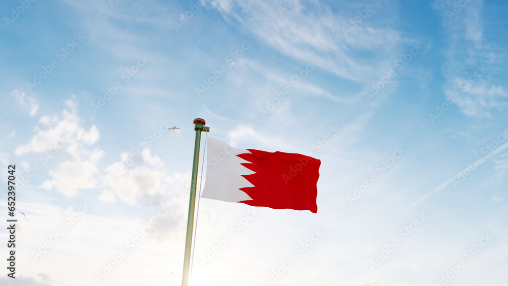 Flag of Qatar flag waving in the wind, sky and sun background. Qatar ...