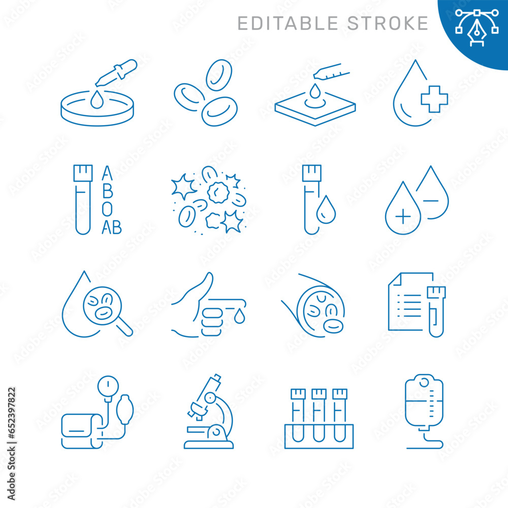 Vector line set of icons related with blood. Contains monochrome icons ...
