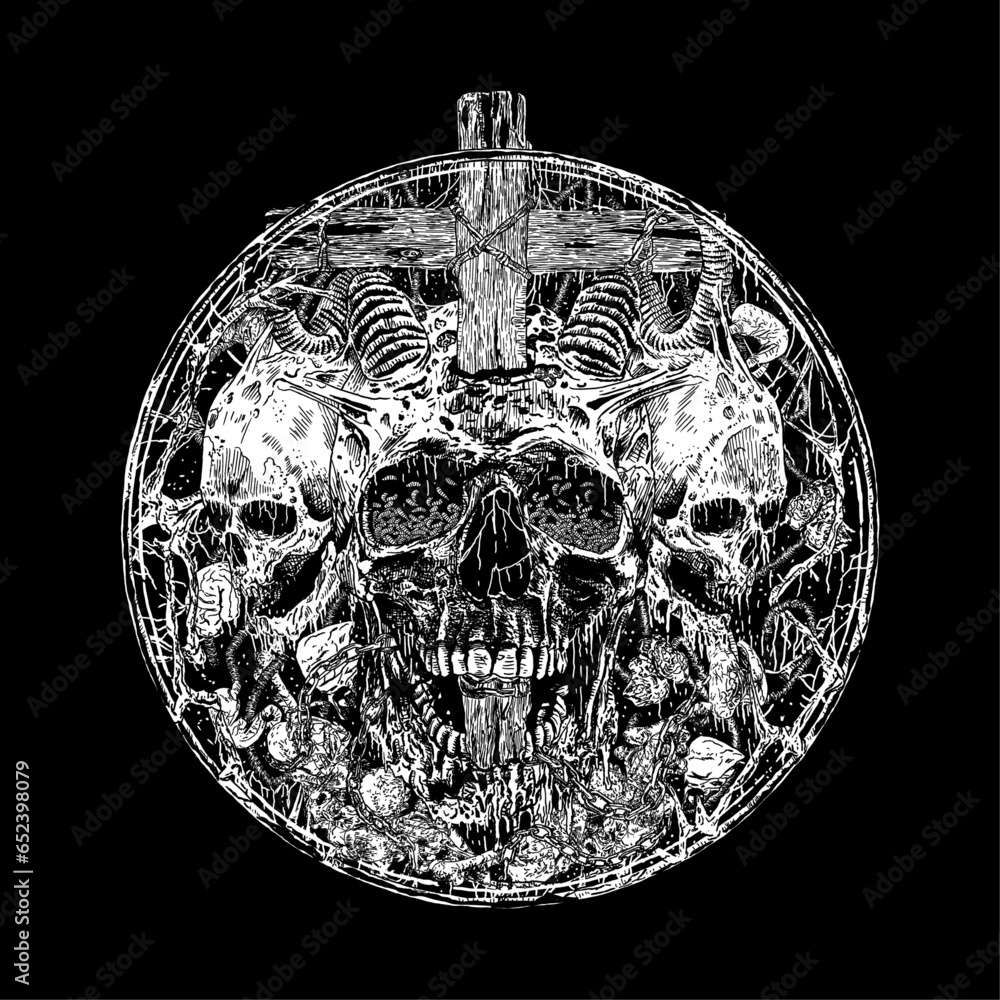 cross and skull hand draw death metal illustration. horror art style ...