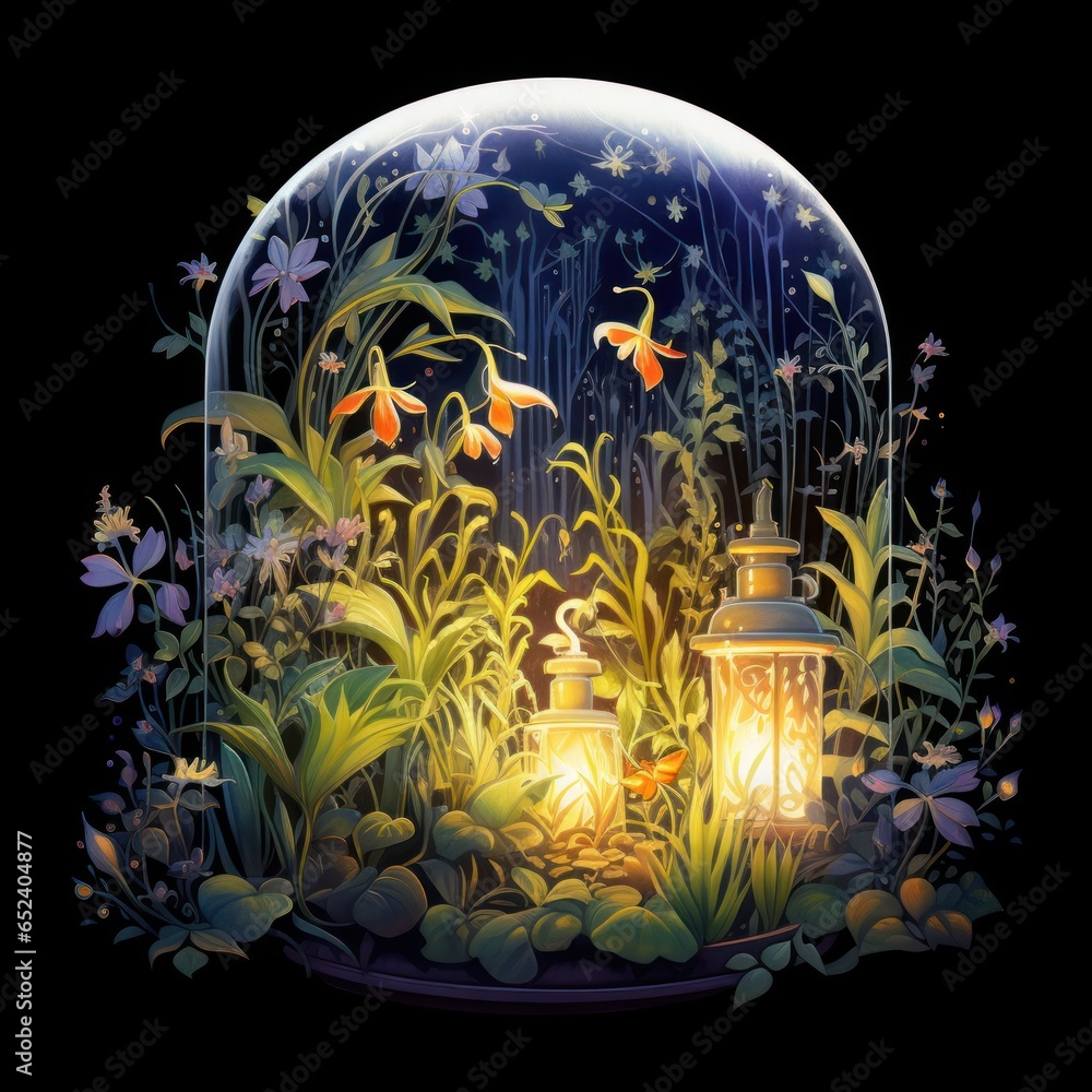 Enchanted scene depicting nightshade flora with luminescent fireflies ...