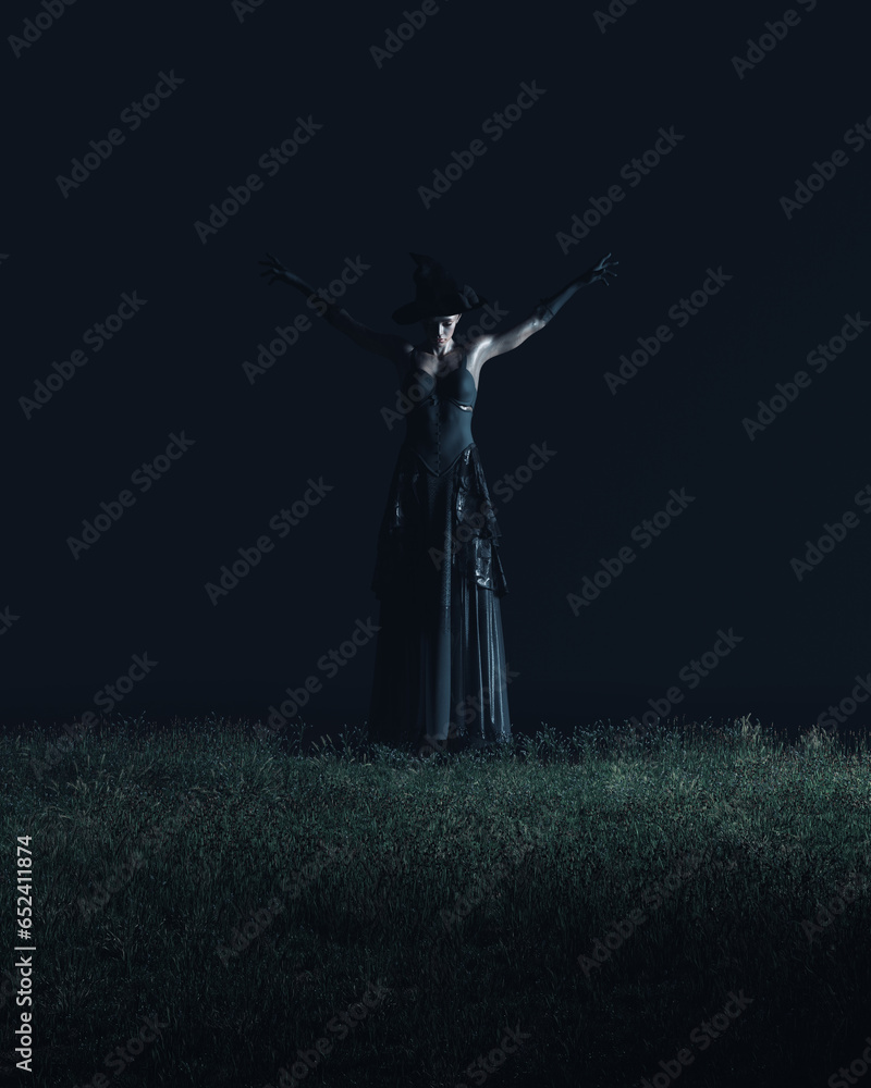 ภาพประกอบสต็อก Witch black dress witches hat gloves Halloween horror ...