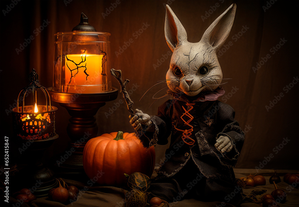Halloween, scary hare with black eyes and dark clothes in a dark room ...