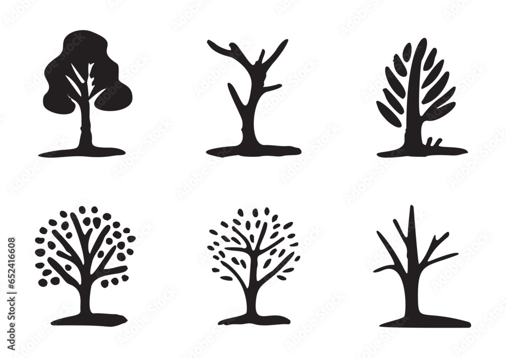 Quirky forest tree design collection vector organic style. Monochrome ...