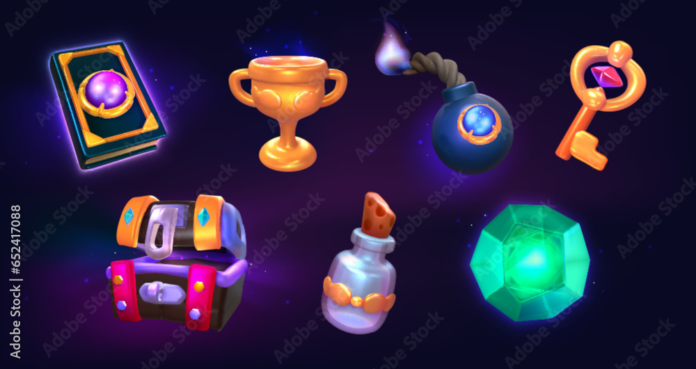 Game props icons golden ring and winner cup, bomb, magic book, glowing ...