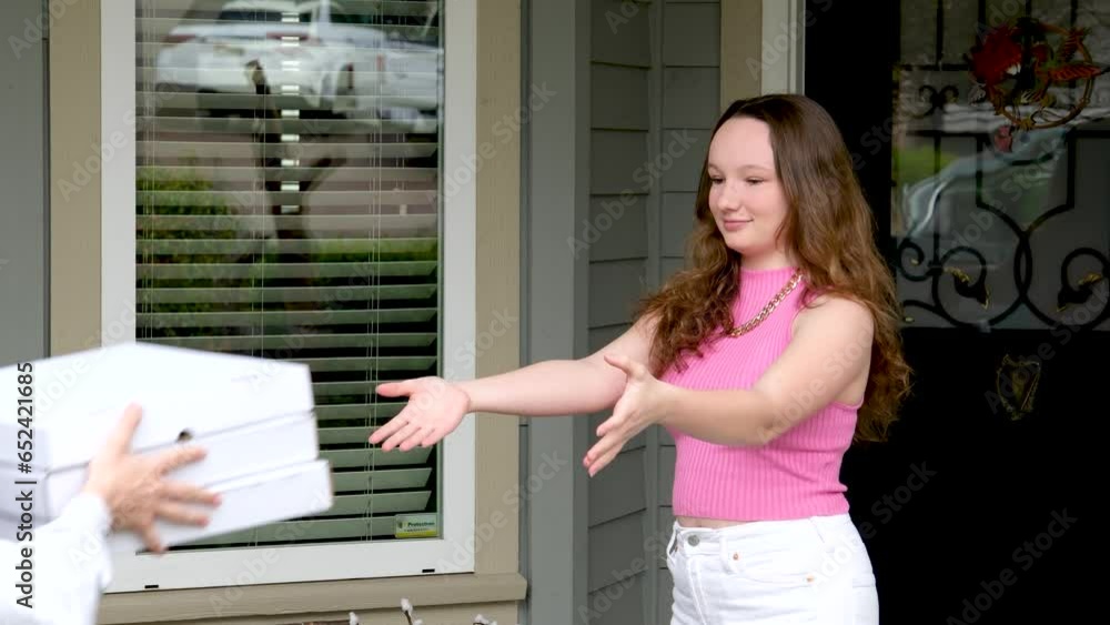 the girl stretched out her arms and expects a good pizza delivery ...