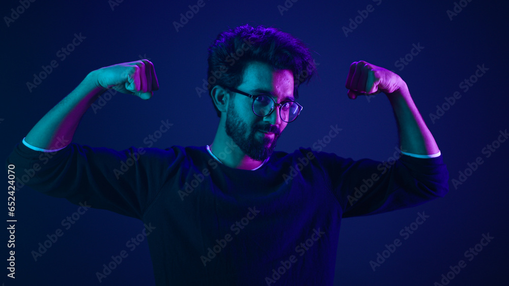 Proud slim weak Arabian man coder guy technology hacker show hands ...