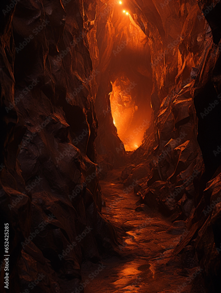 Volcanic cavern, lava rivers, fire nymphs dancing, molten gold veins in ...