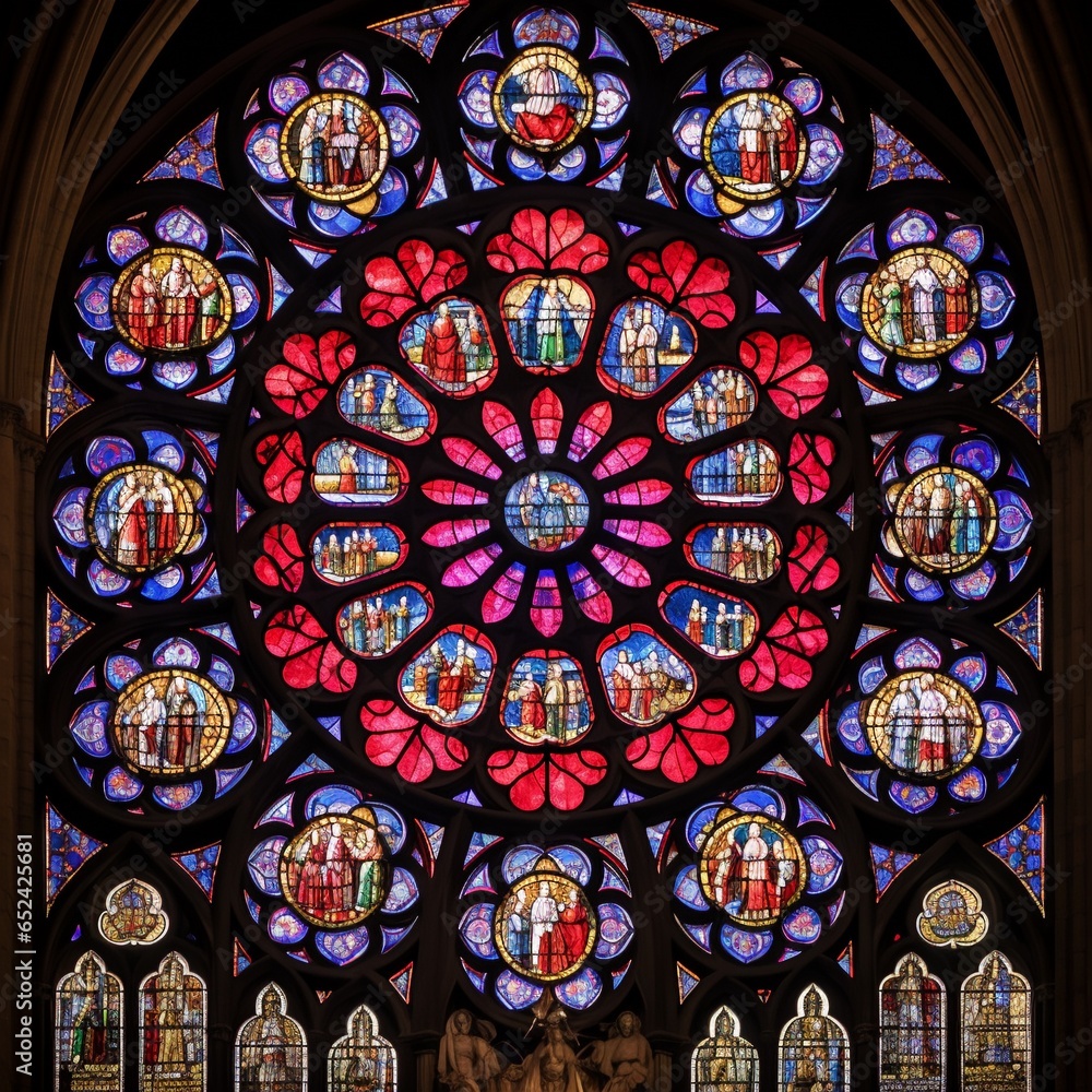 Rose stained glass window in cathedral of Notre Dame Stock Photo ...