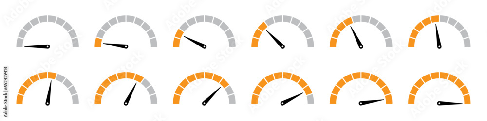 Speedometer infographics in orange color. Speedometer loading and ...