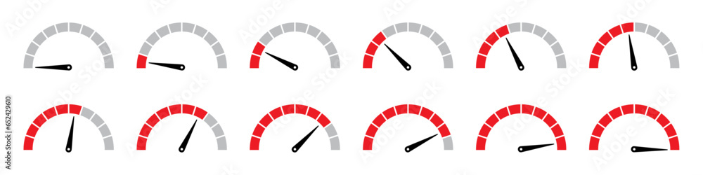 Speedometer infographics in red color. Speedometer loading and progress ...