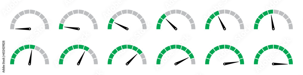 Speedometer infographics in green color. Speedometer loading and ...