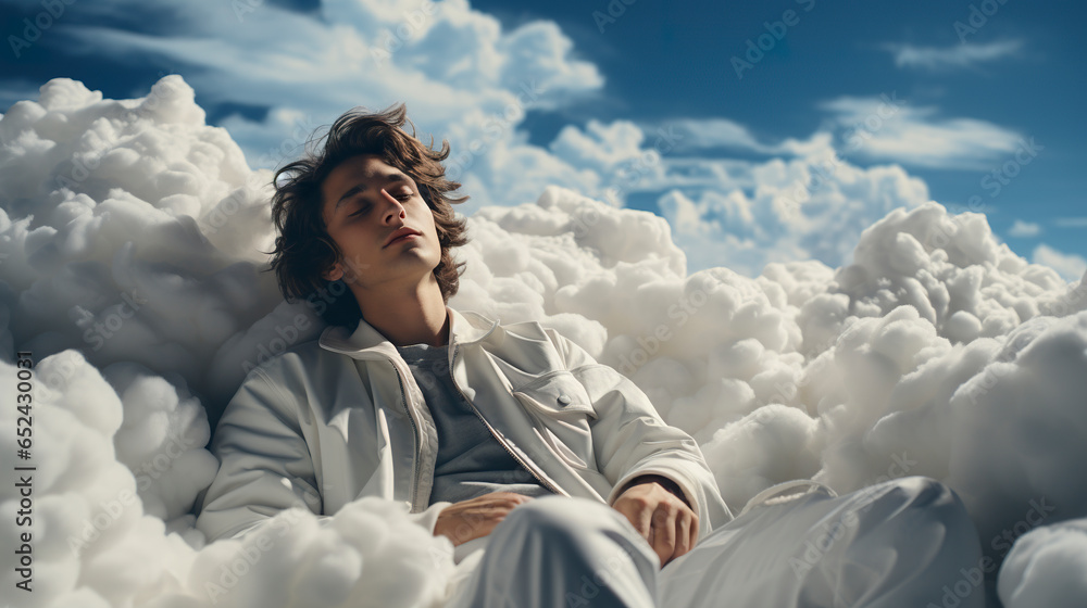 Surreal illustration of a young man sleeping on top of a cloud. Man in ...