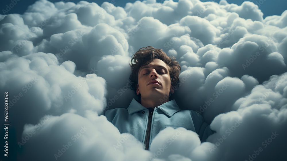 Surreal illustration of a young man sleeping on top of a cloud. Man in ethereal dream sleeping ...