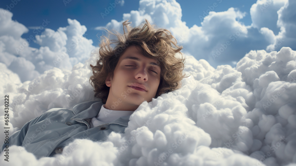 Surreal illustration of a young man sleeping on top of a cloud. Man in ...