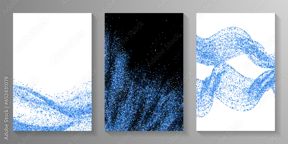 Caotic blue confetti grain scatter pattern. Triangle square circle star ...