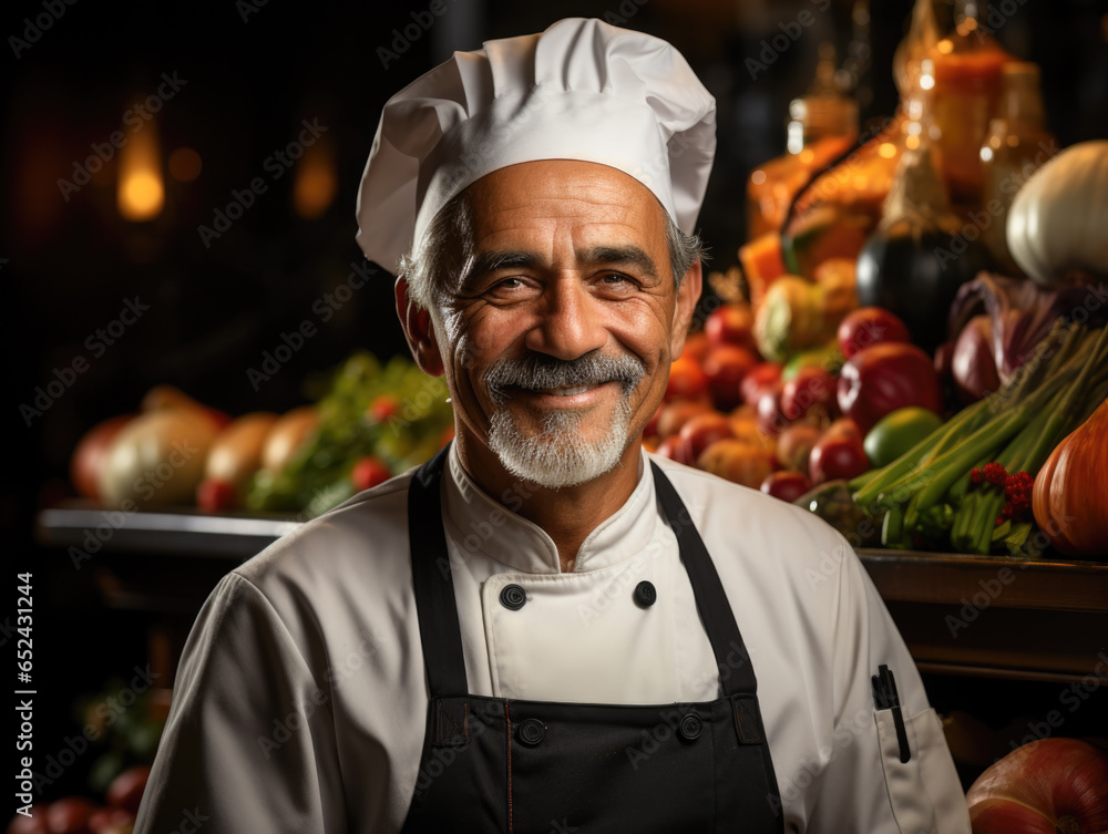 A chef in traditional chef attire is portrayed in a high-resolution ...