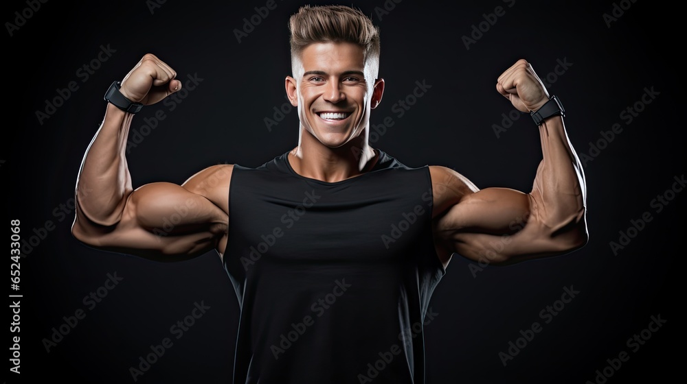 Young muscular bodybuilder guy demonstrates his muscles. Champion ...