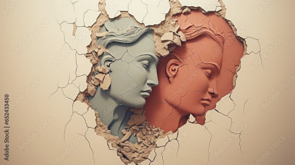 Two profiles of people can be seen in the ruined wall. Facade of a ...