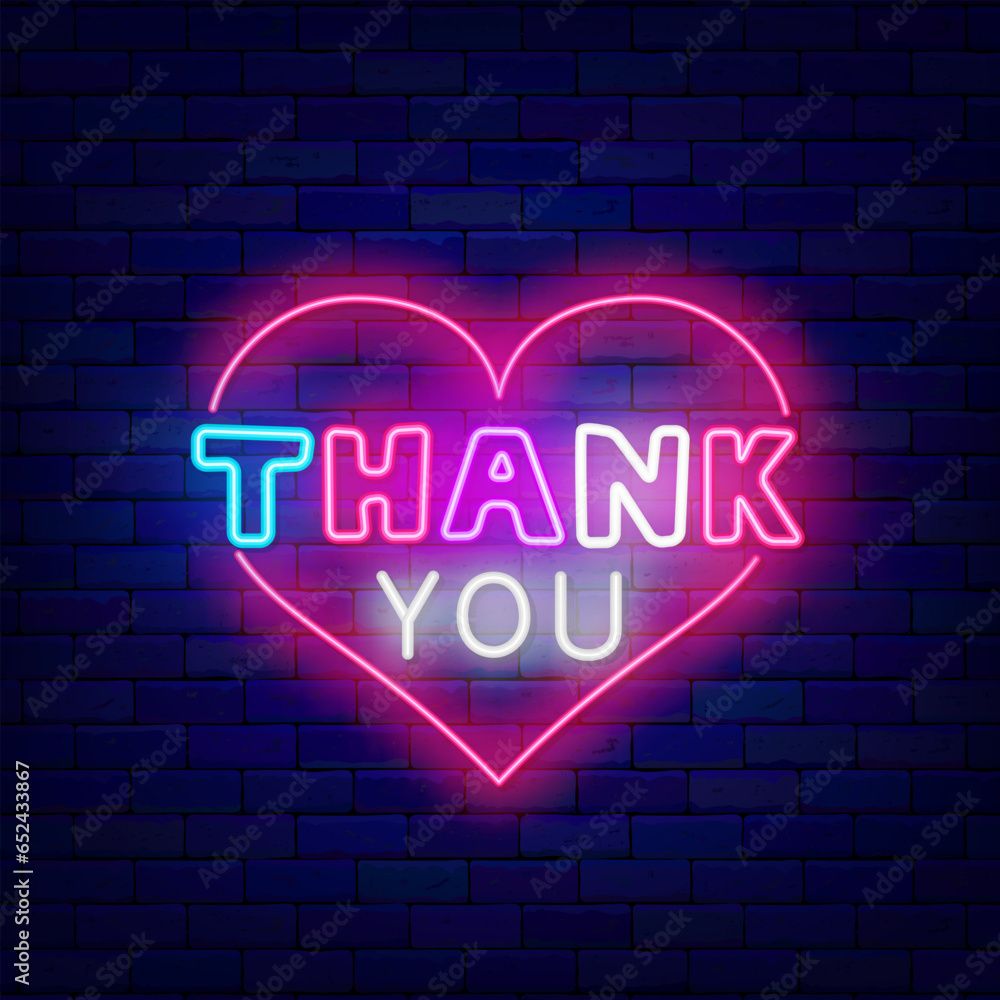 Thank you neon lettering signboard. Heart frame. Greeting card with ...