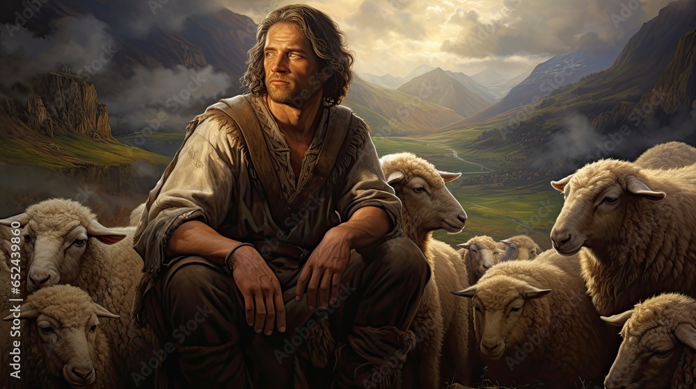 an up-close Shepard, sheep scene in a horizontal format, space for copy ...