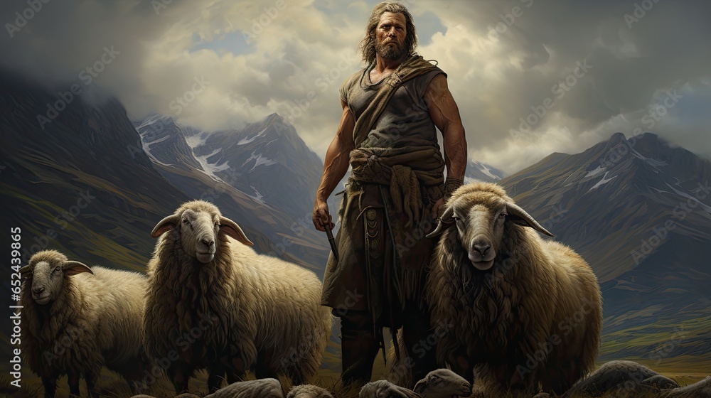 an up-close Shepard, sheep scene in a horizontal format, space for copy ...