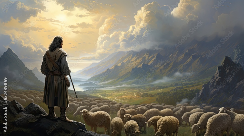 a Shepard, sheep scene in a horizontal format, space for copy in a ...