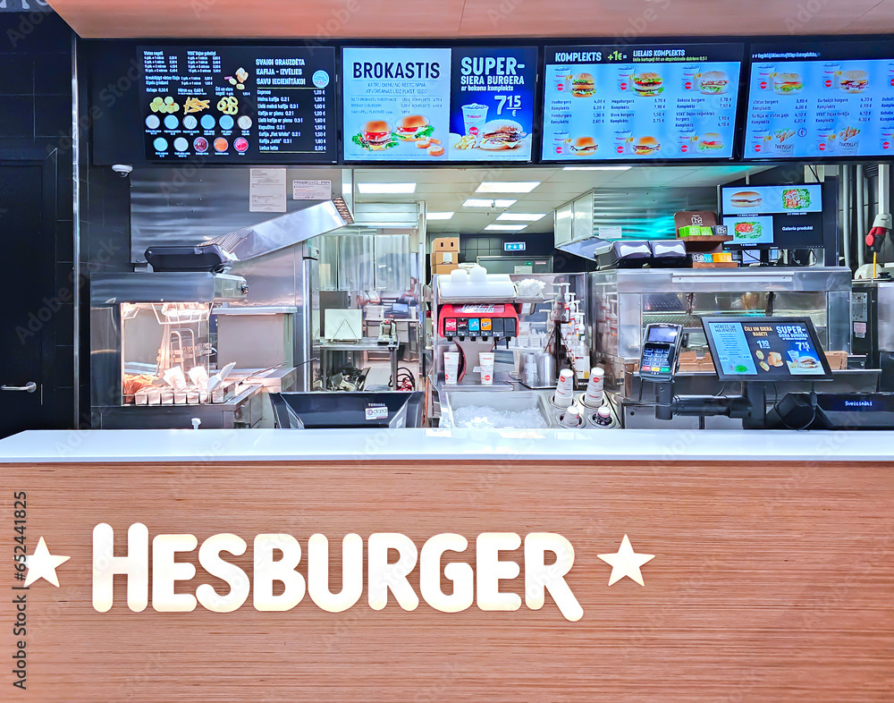 Latvia, Riga, 25, September, 2023: Hesburger fast food counter with ...