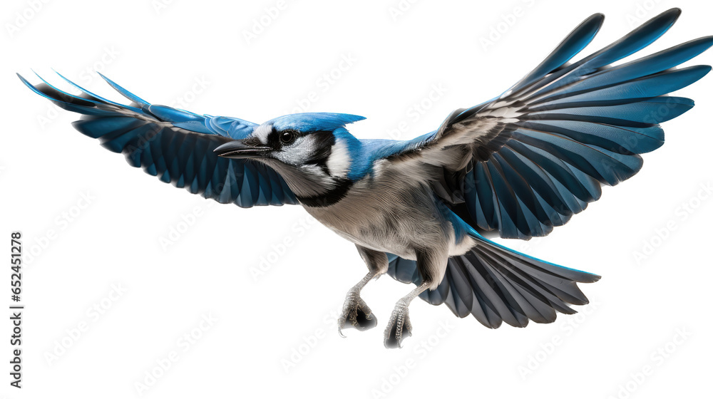 eastern Blue Jay Cyanocitta cristata, in-flight, side view in a Nature ...