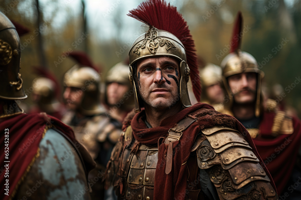 Roman reenactment event with participants in authentic costumes and ...