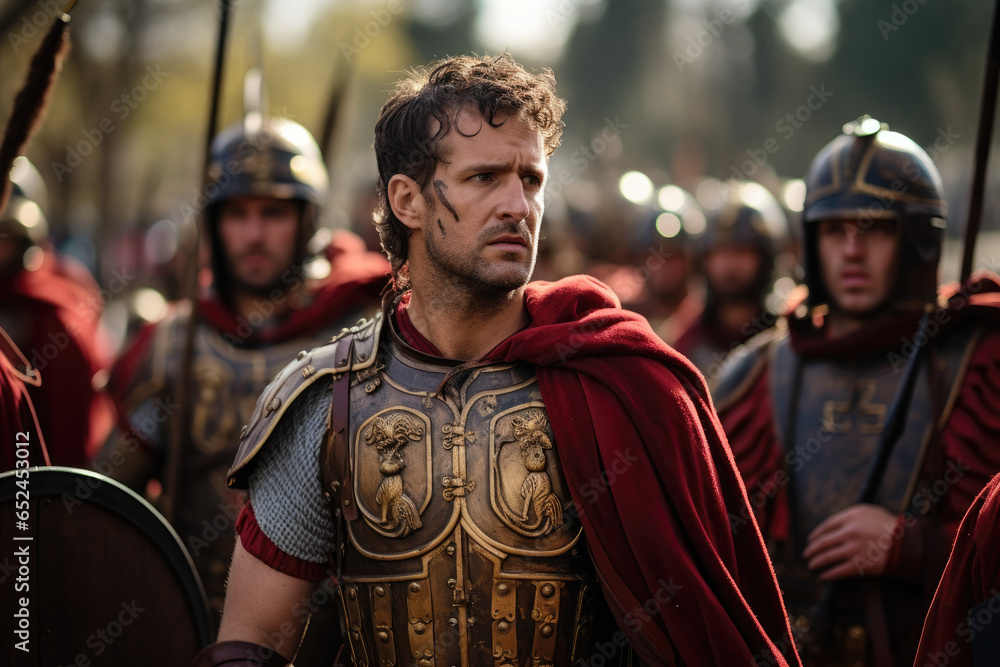 Roman reenactment event with participants in authentic costumes and ...