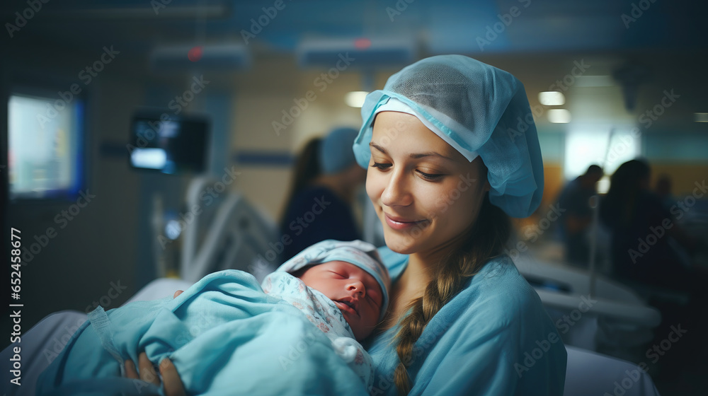 Generative AI, woman holding a newborn baby in her arms in the delivery ...