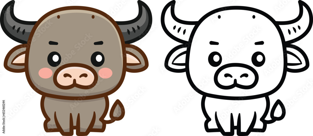 Cute Buffalo doodle style vector illustration, Cute bull, cow doodle ...