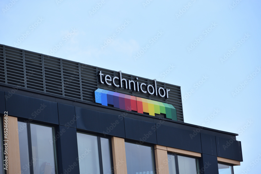 Technicolor signage, logo, emblem on the facade. French visual effects ...