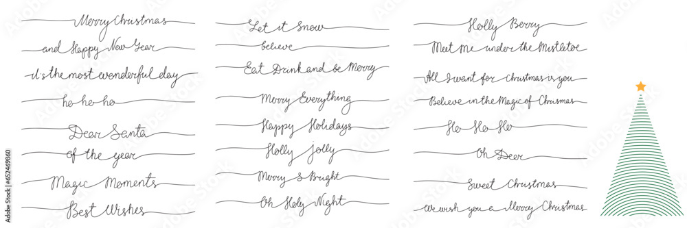Collection of Christmas short phrases as one line continuous text. Line ...