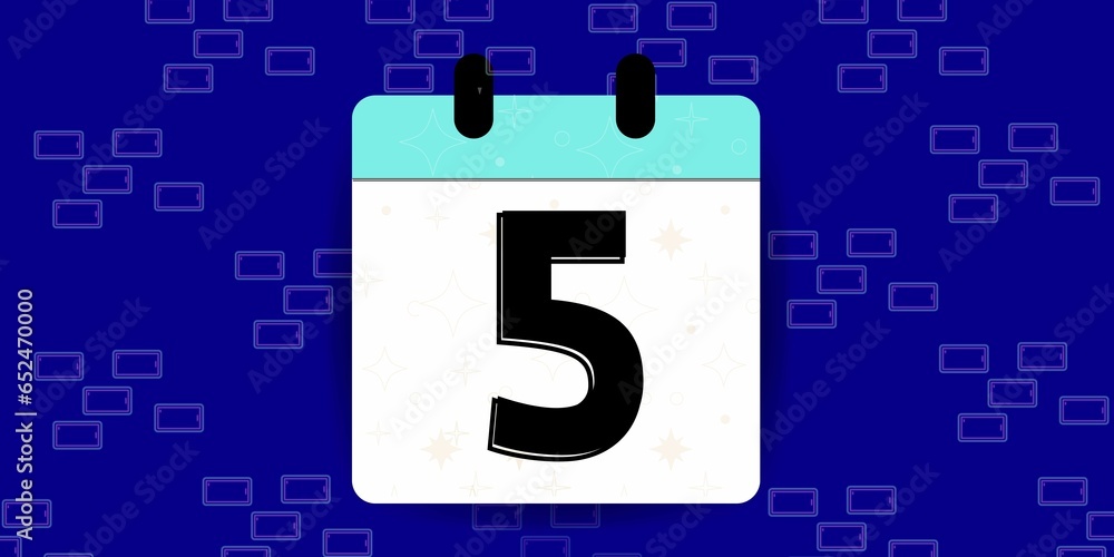 5th day of the calendar. Banner with number five on an blue background ...