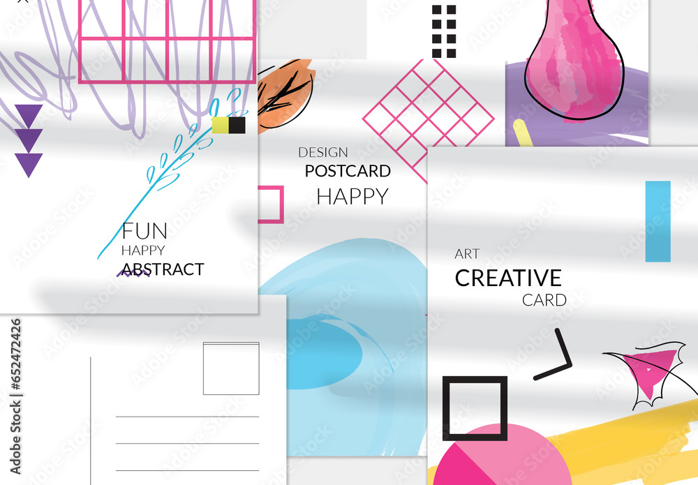 Postcard Layout with Hand Drawn Abstract Floral Doodles and Geometric ...
