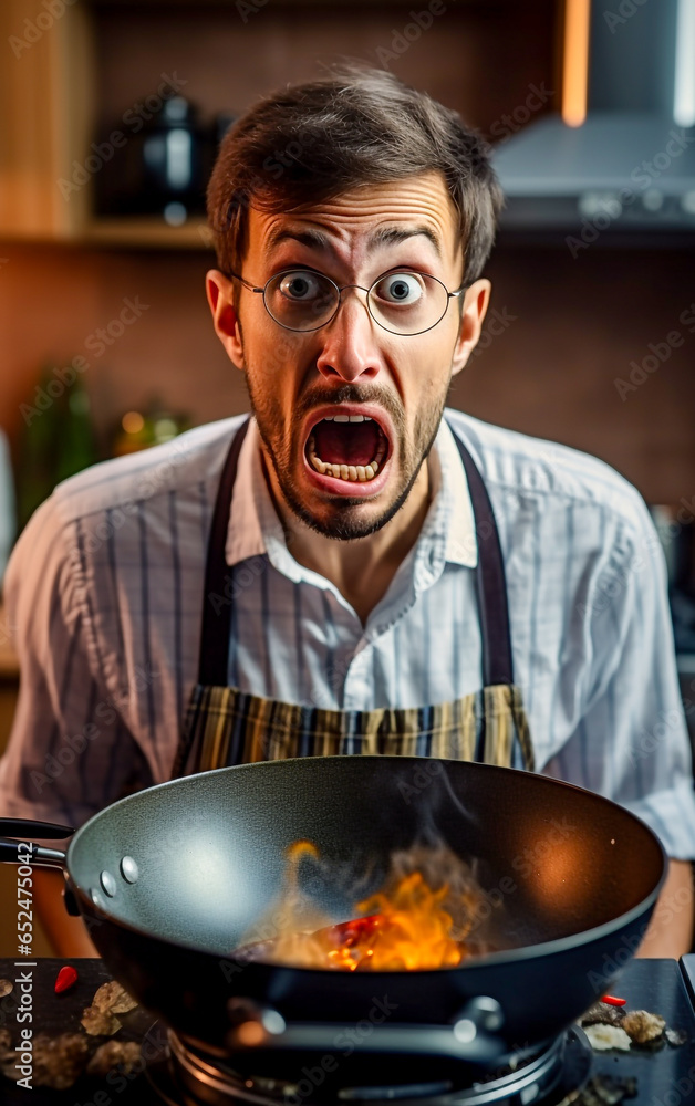 A funny scene of a desperate and exhausted family man is cooking and ...