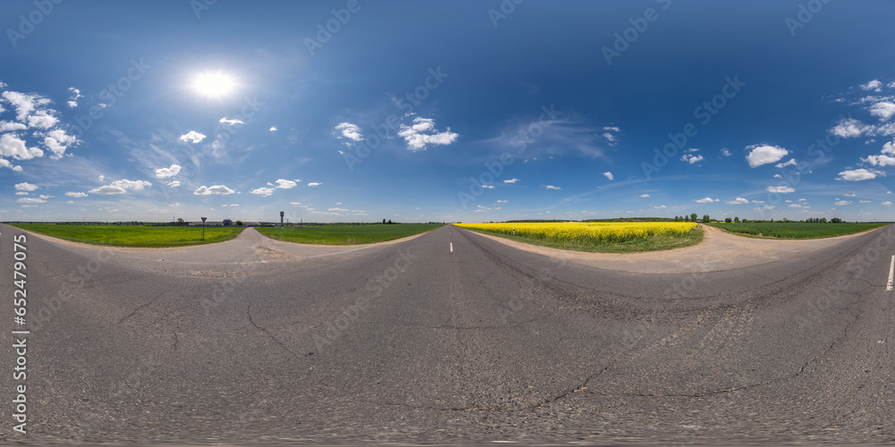 spherical 360 hdri panorama on old asphalt road among corn fields with ...